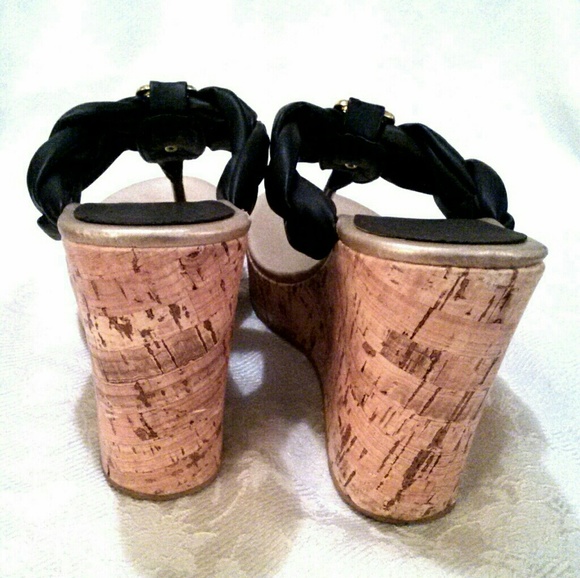 Qupid | Shoes | Qupid Shoes Open Toe Black Thong Cork Wedge Heels ...